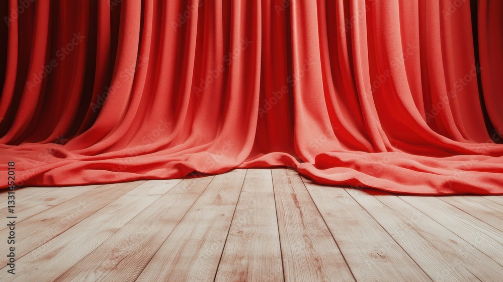 Curtain and Wooden Stage: Dramatic red curtain elegantly drapes over a ...