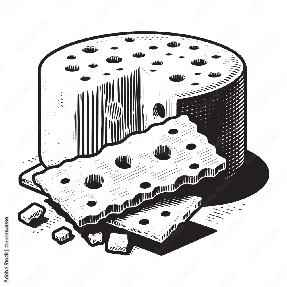 Stylized cheddar cheese wheel with crisp crackers in graphic woodcut ...