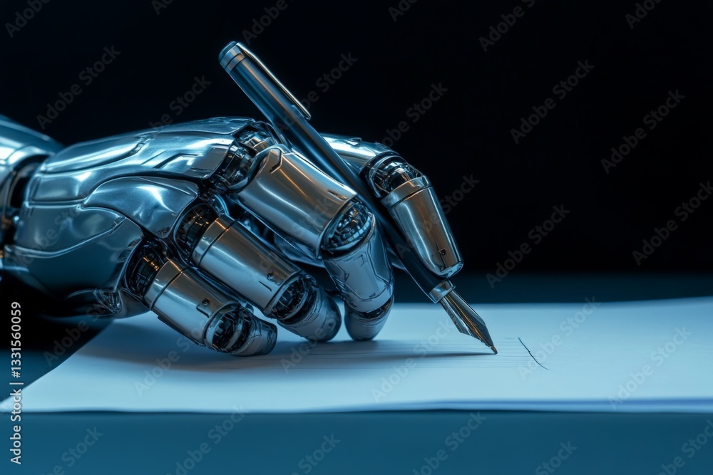 Robotic hand writing on paper with a fountain pen in a dark setting ...