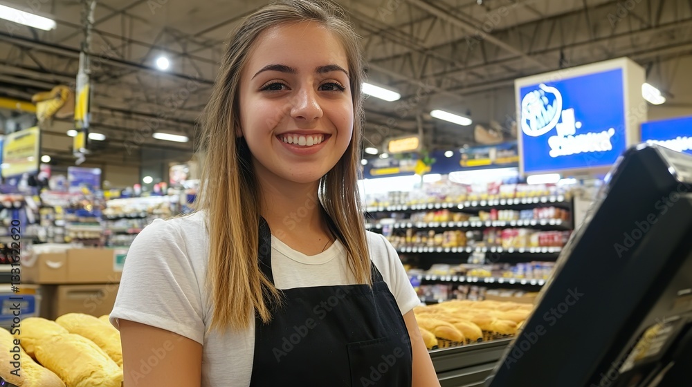 Smiling female cashier at supermarket register, LED display screen and ...