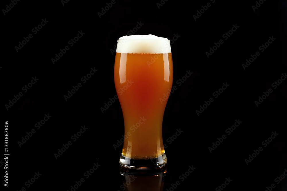 Tall glass filled with amber colored lager beer, topped with creamy ...
