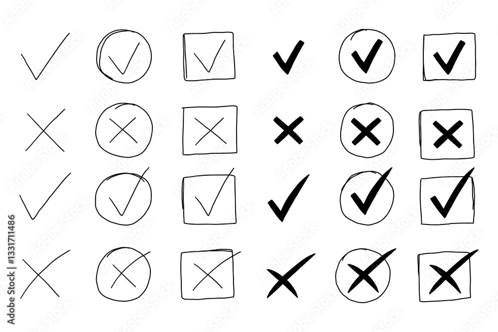 Checkmark v x Doodle Set. Black and White Check Mark Tick Symbol. Checkmark Icon Collection ...