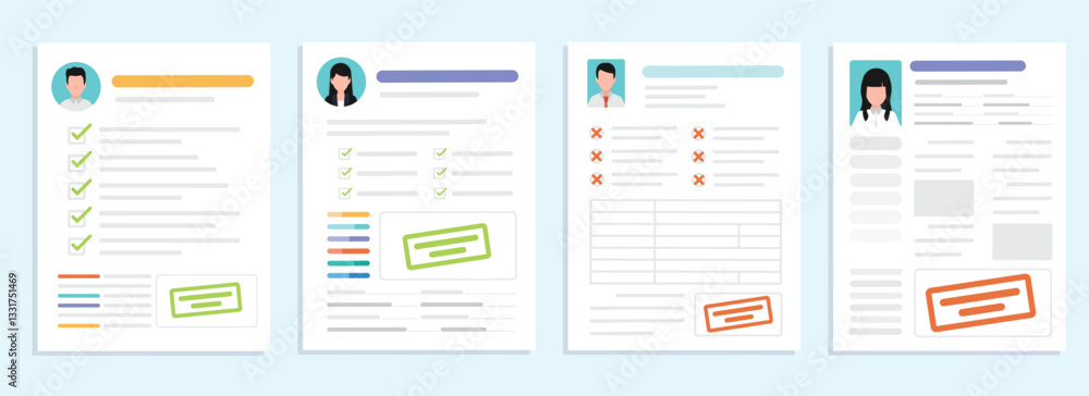 CV documents with approve stamping on, Resume paper sheet with decline ...