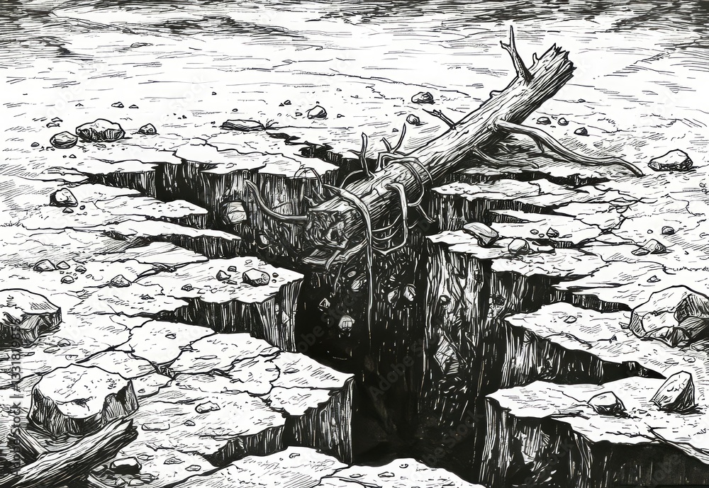 Stylized Drawing of Cracked Earth with Deep Fissure and Fallen Log ...
