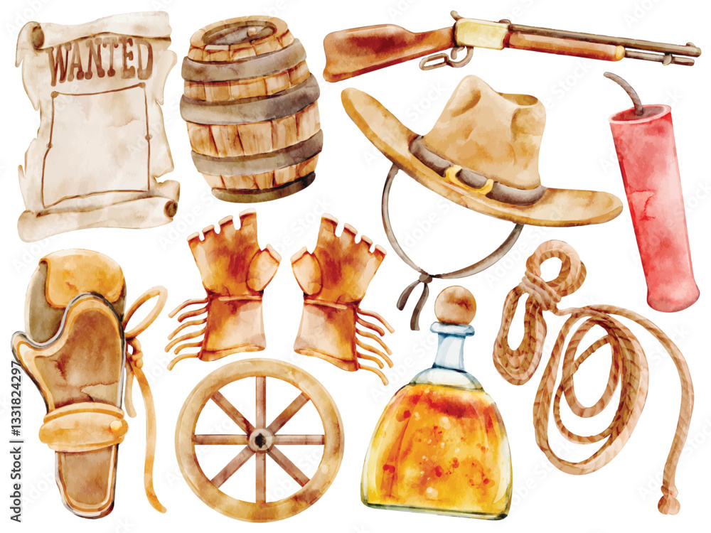 Watercolor Wild West Cowboy Illustration Set, Hand Painted, Realistic ...