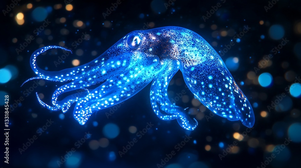 Photo Stock Breathtaking bioluminescent squid floating in the deep ...