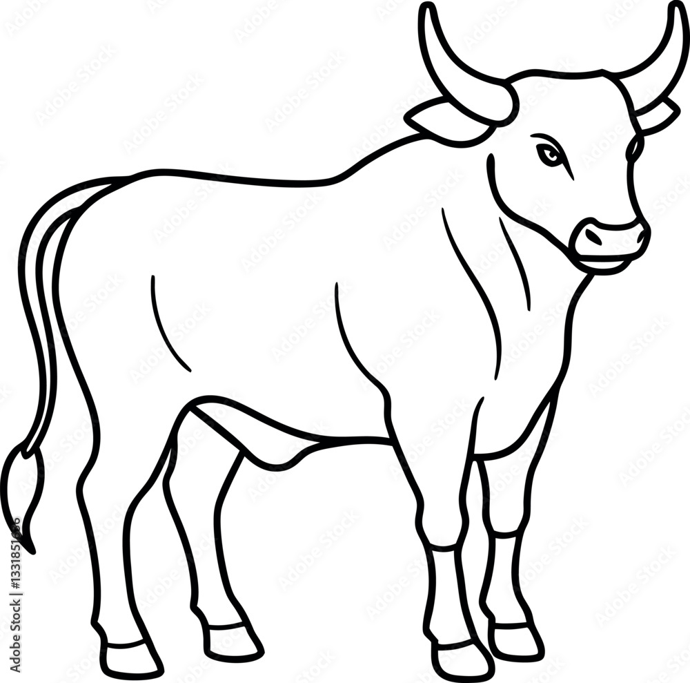 Simple line art drawing of a bull with large curved horns and a strong ...