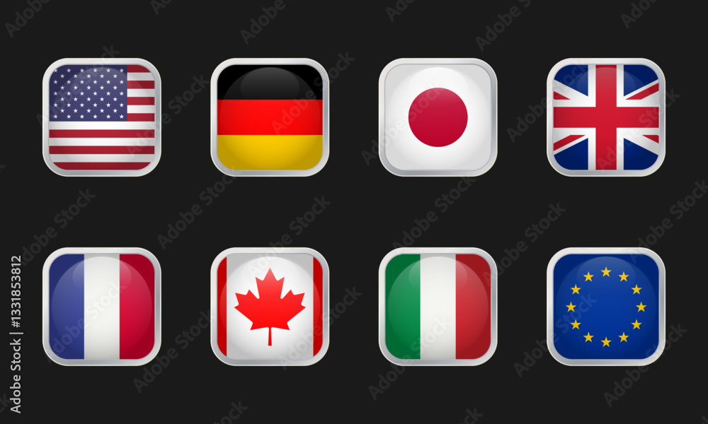 Flag icons of the G7 member countries and the European Union. Square ...