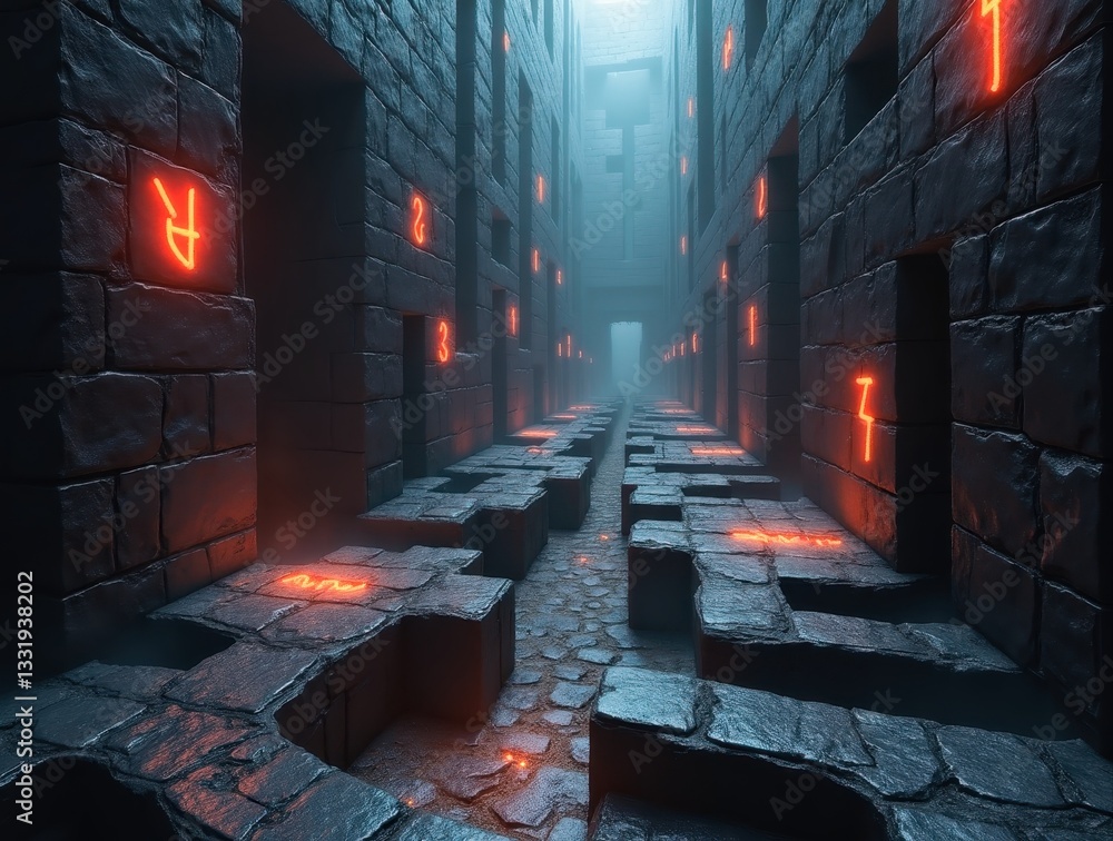 Mysterious 3d labyrinth with towering stone walls, glowing symbols and ...