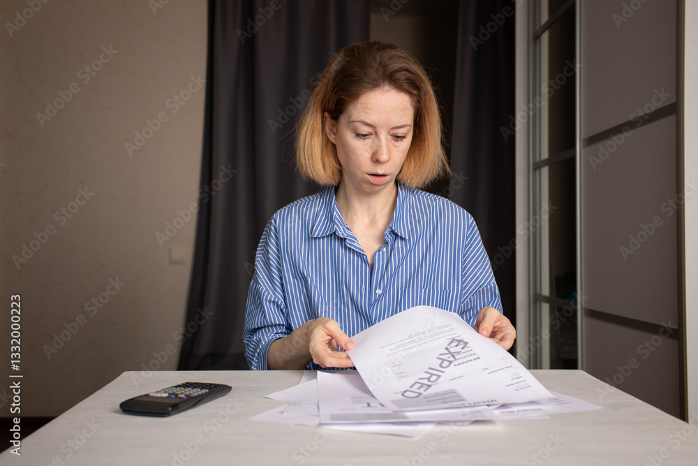 Stressed woman with debt utility bill, confused by water bill summary ...