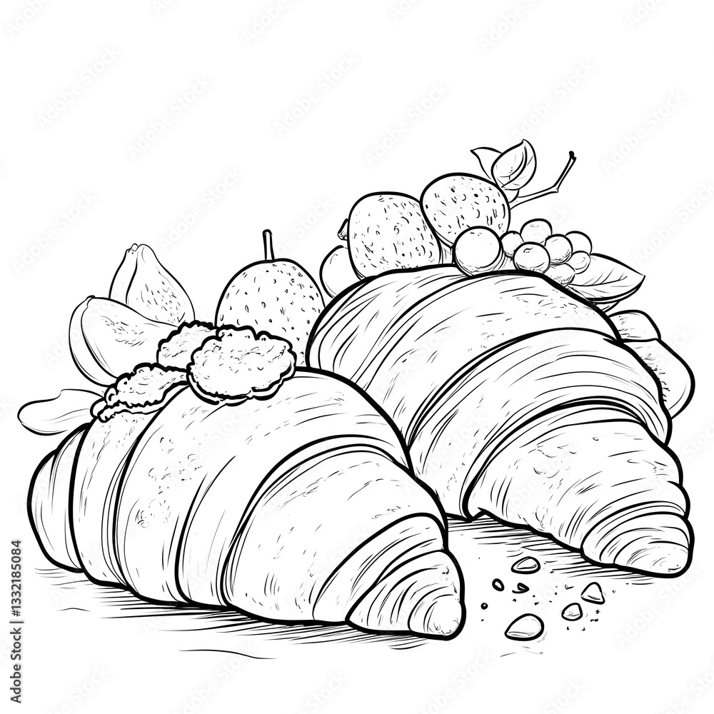 Coloring book for kids. Croissant and fruits coloring page. Detailed ...