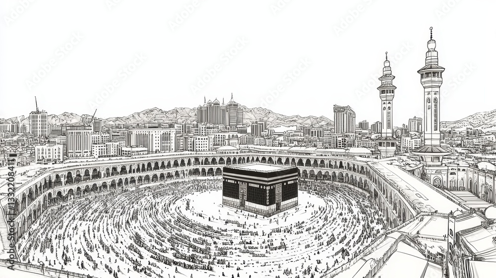 Sacred City Line Art: Mecca Panorama - A detailed line drawing of Mecca ...