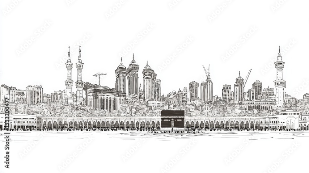 Mecca Skyline Panorama Line Art - A detailed line drawing showcasing ...