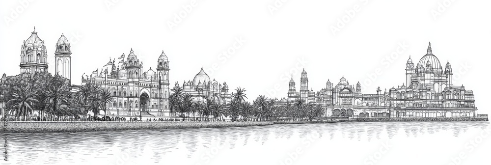 Mumbai Skyline Pen and Ink Drawing - Elegant line art depicting Mumbai ...