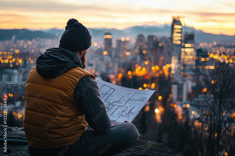Architect analyzing blueprints, city planning, and infrastructure ...