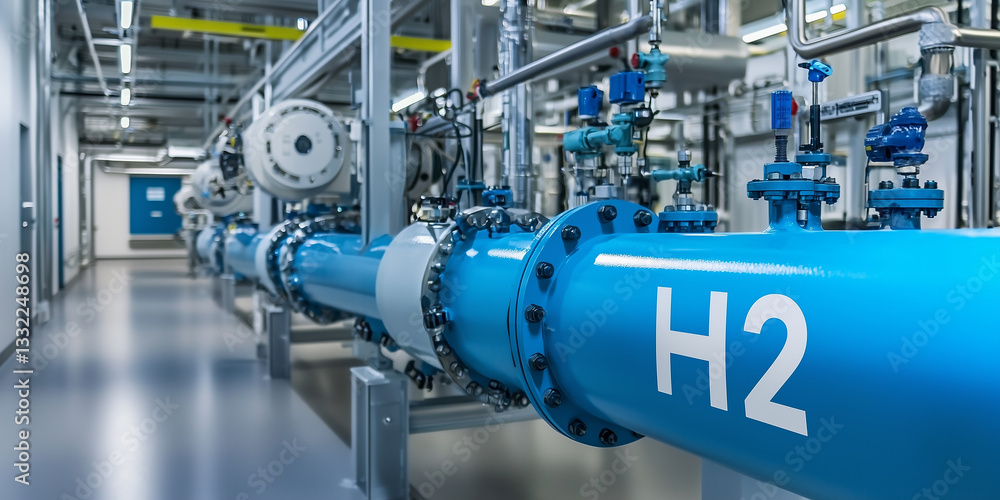 Blue industrial pipes in a modern facility with clear labeling of H2 ...