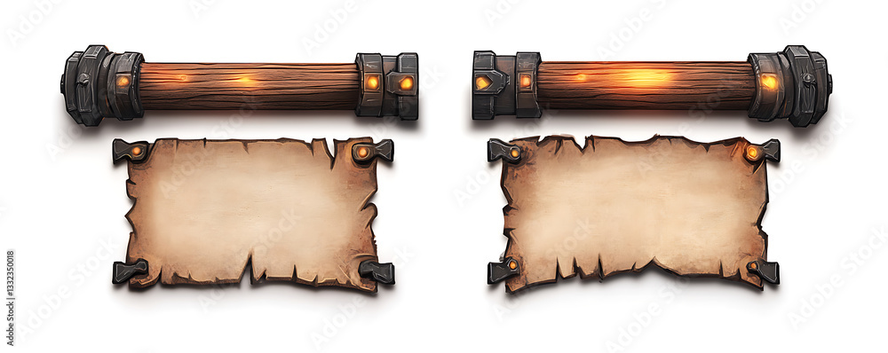 Game UI Elements With Wooden Scroll And Button Illustration With Fire ...