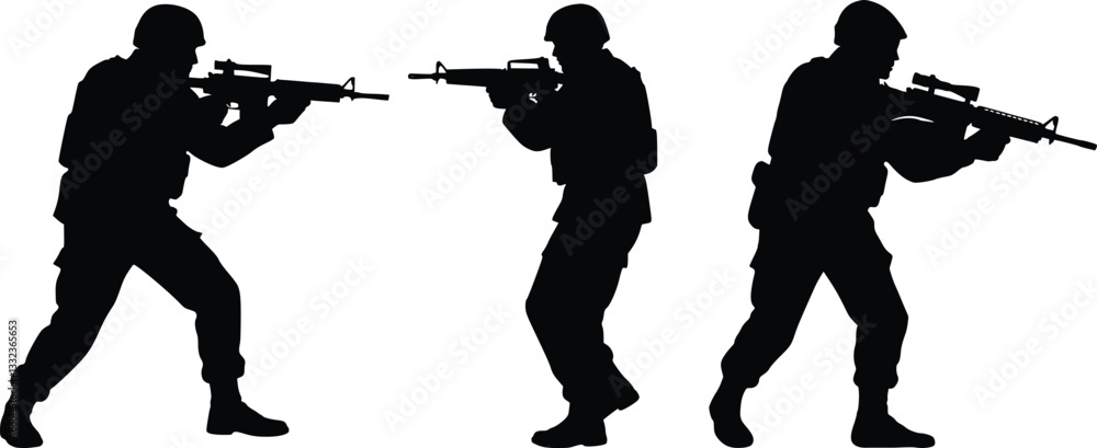 Black silhouette of a soldier stepping forward with a rifle, wearing a ...