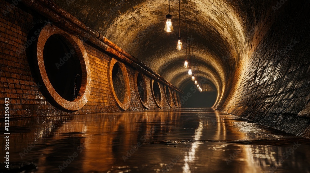 A dimly lit underground sewer tunnel made of old brick, featuring large ...