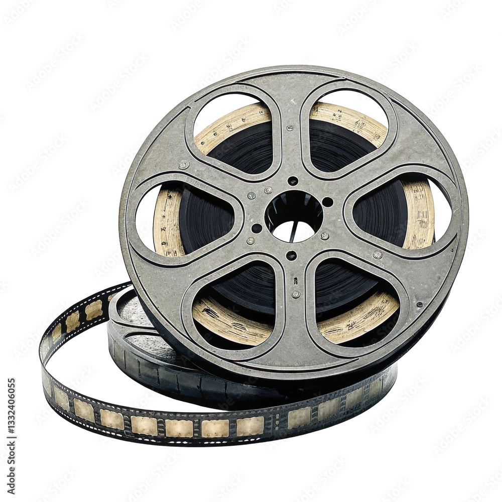 Vintage film reel with sprocket holes and exposed frames, isolated on ...