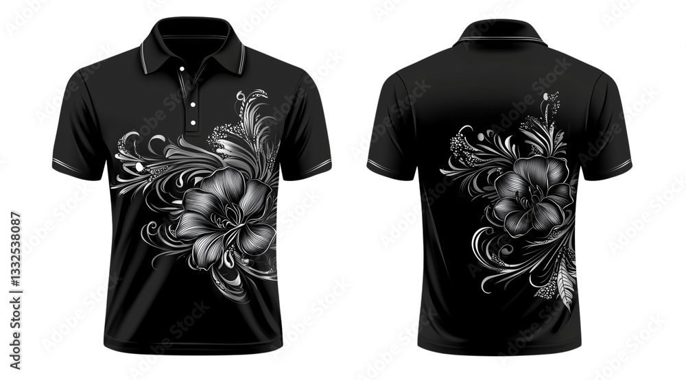 Black Polo Shirt Design - Front and Back Mockup with Tattoo Style ...