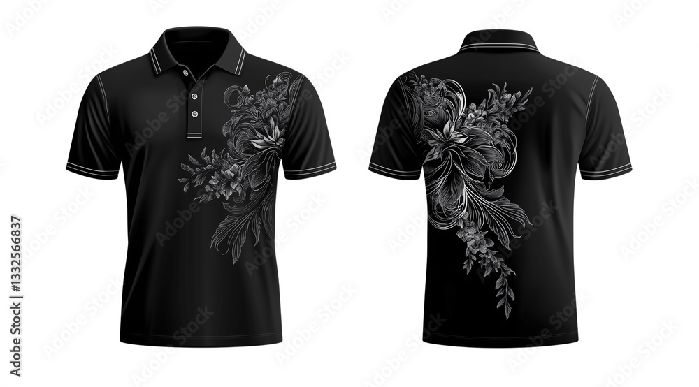 Black Polo Shirt Design - Front and Back View Mockup with Tattoo Style ...