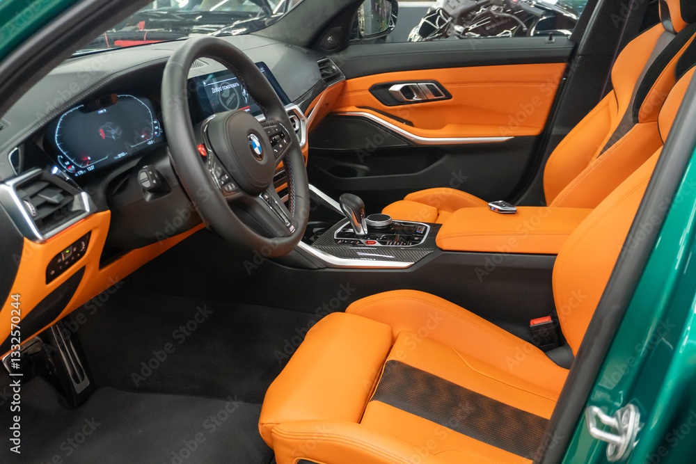 BMW M3 Competition G80 xDrive. Luxury sport car interior, steering ...