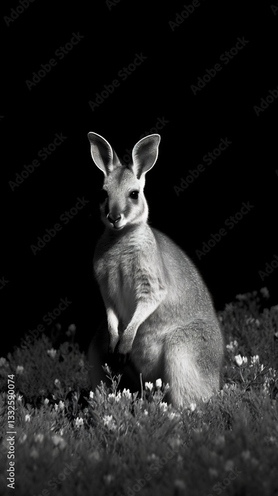 Nighttime infrared style image of Agile Wallaby grazing open field ...