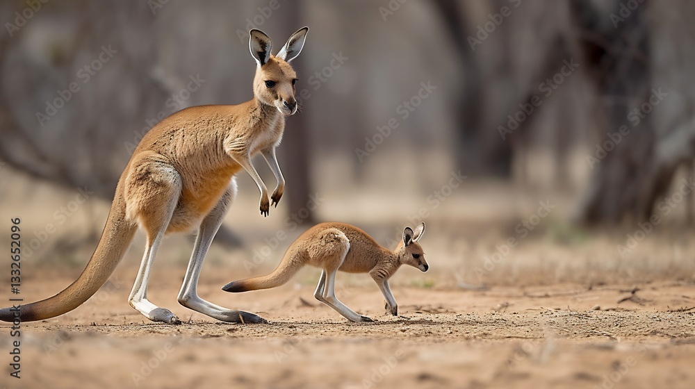 Red kangaroo joey attempting first clumsy hop tiny leg awkwardly ...