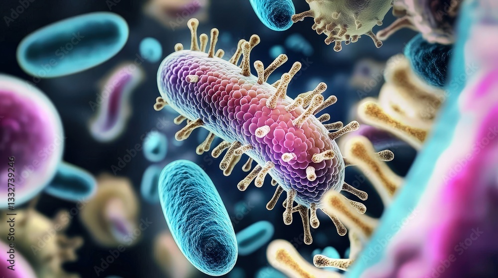 Glowing Bacteria concept. Microorganisms in vivid colors under a ...