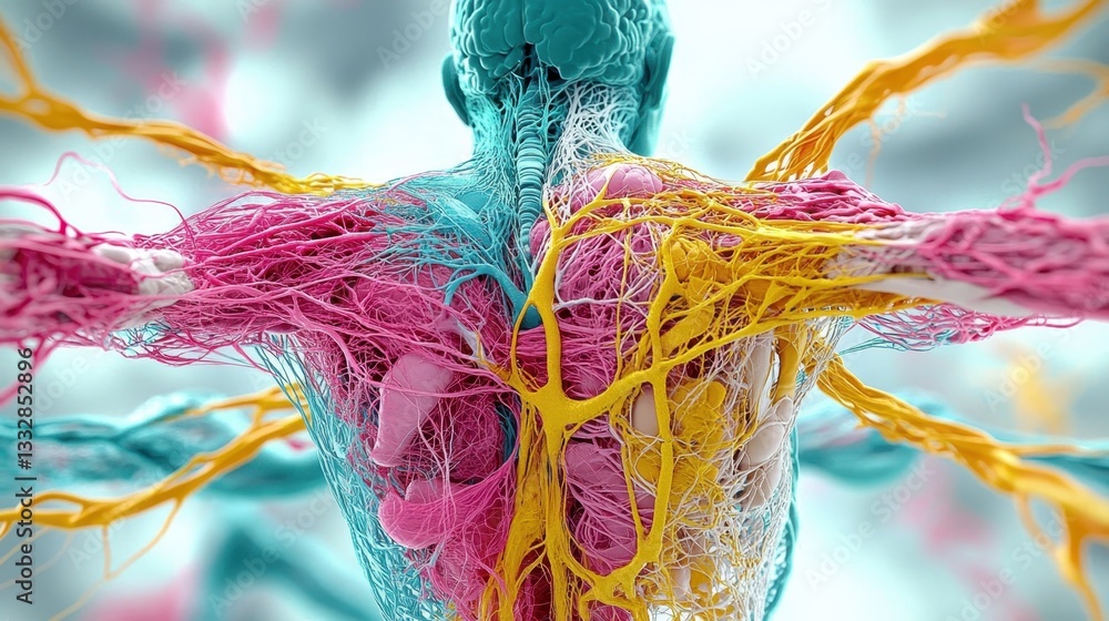 Intricate human nervous system network displaying vibrant pathways ...