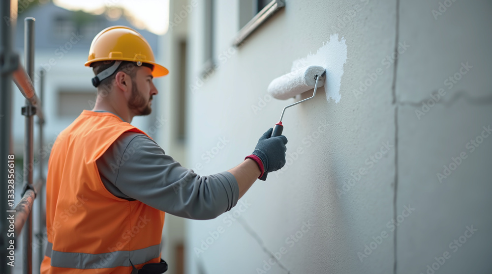 Construction Worker Painting Building Exterior from scaffolding with a ...