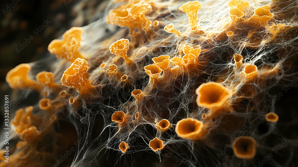 Mycelium networks on a fungal hyphae representing soil ecology and the ...
