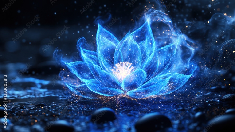 Glowing Blue Lotus Flower on Dark Stones, Mystical Background Stock ...