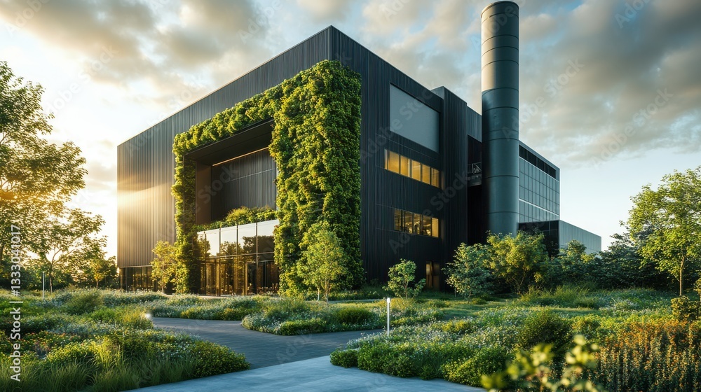 Biomass energy plant with clean architecture, greenery integrated into ...