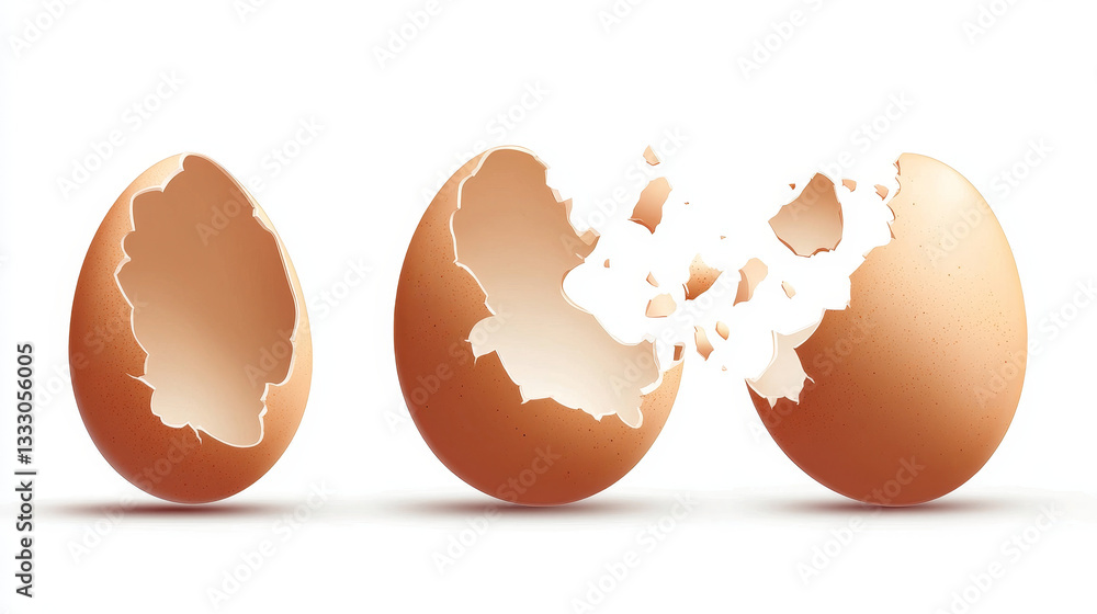 Realistic farm chicken egg broken, hatching chick stages. Cracked eggs with eggshell pieces. 3d ...