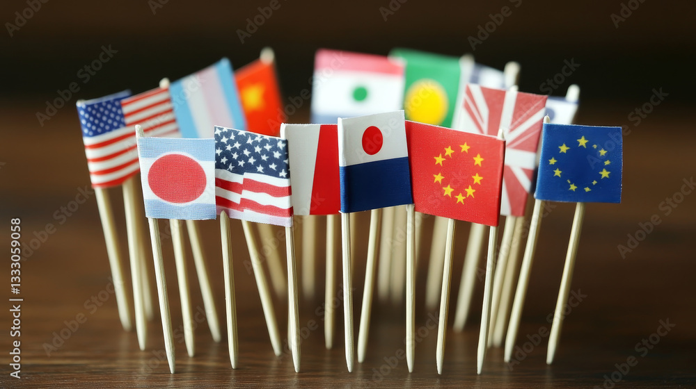 Realistic wood toothpick with little country flags for food decoration ...