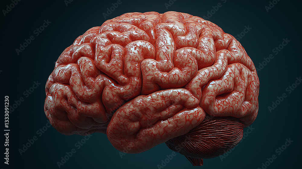 The image displays a realistic anatomical model of a human brain. The ...