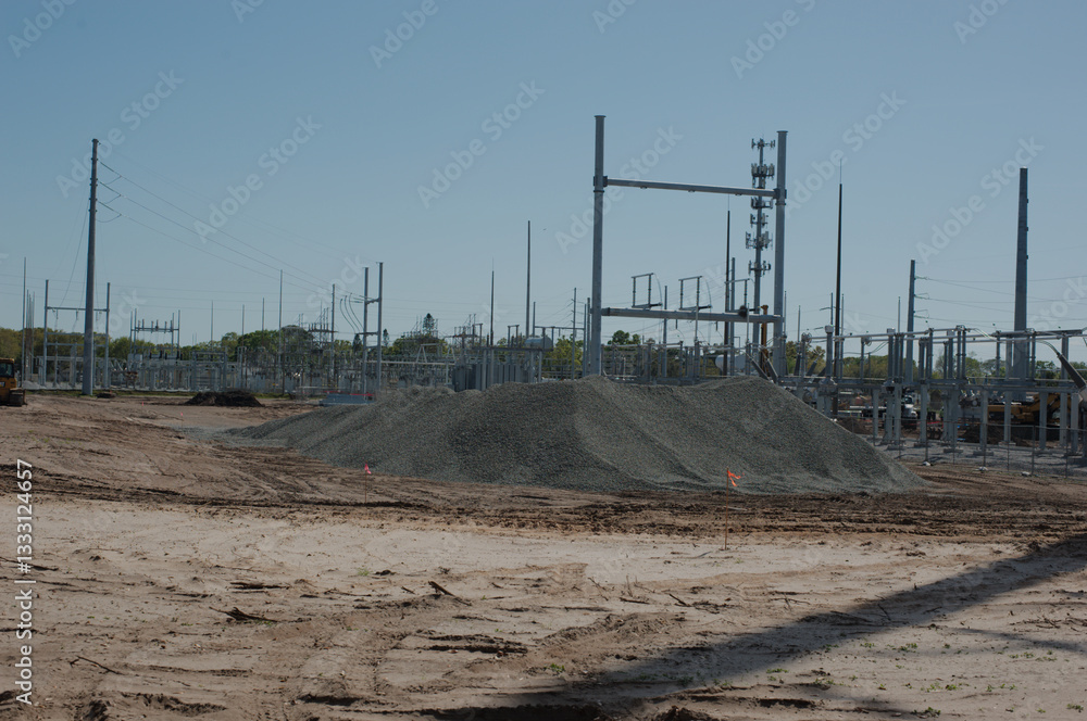 Substation during its construction phase with exposed metal framework ...