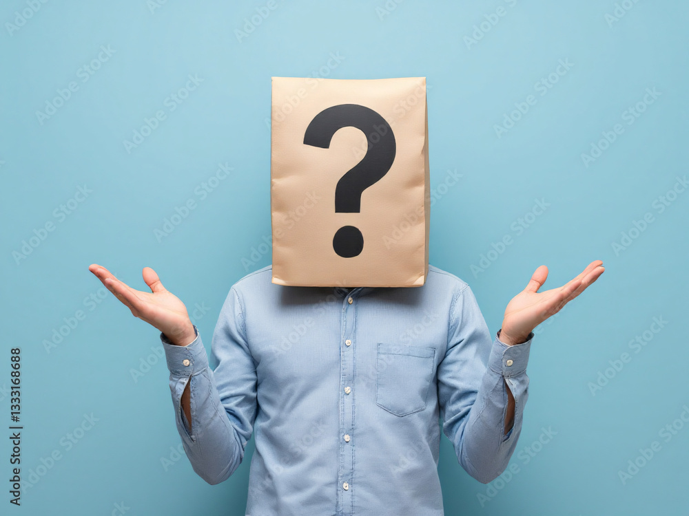 Person with a paper bag featuring a question mark over their head ...