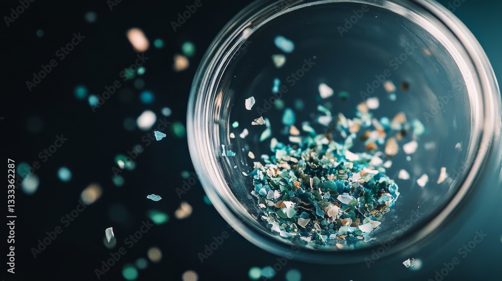 Magnified view through laboratory glass showing scattered microplastic ...