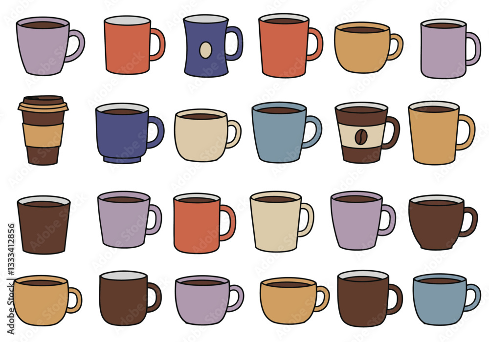 Clip art of coffee mugs. This image shows various colorful coffee mugs ...