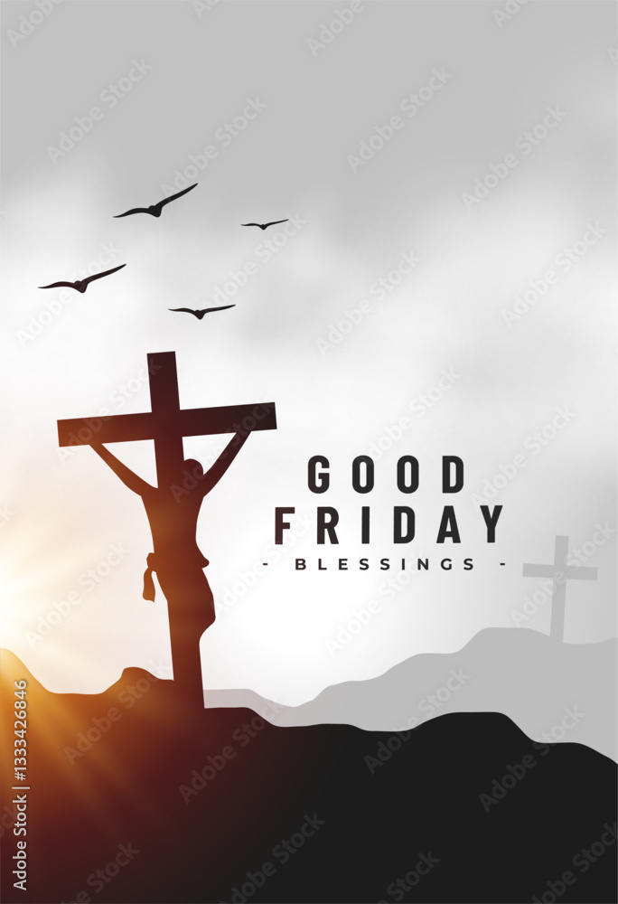 good friday holy week grey flyer with christ crucifixion and birds ...