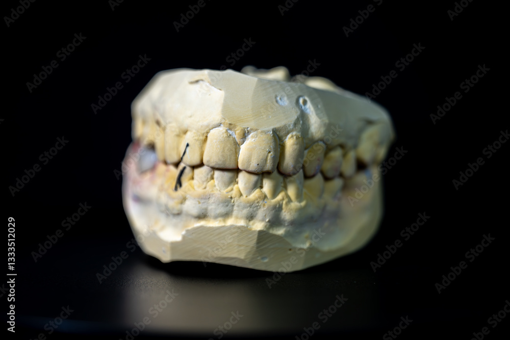 Dental stone model showing the upper and lower jaws clenched, and a ...
