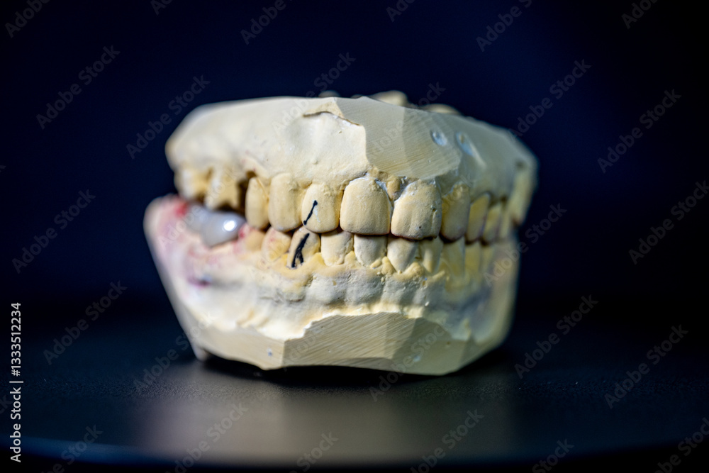 Dental stone model showing the upper and lower jaws clenched, and a ...