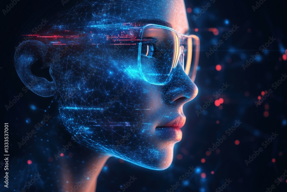 NLP Developer. A futuristic digital portrait of a woman with glasses ...