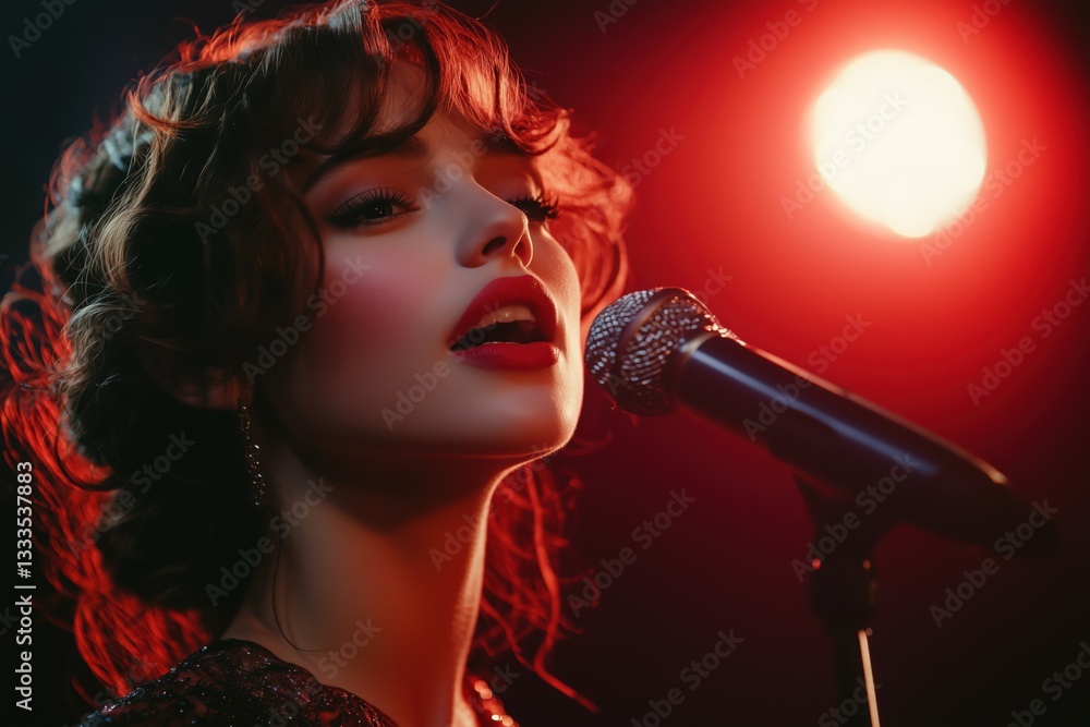 Portrait of a opera singer young woman singing into a microphone ...