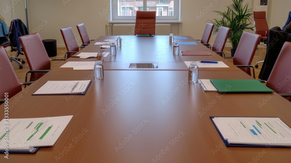 Modern Conference Room Setup with Documents and Glass Water Bottles ...