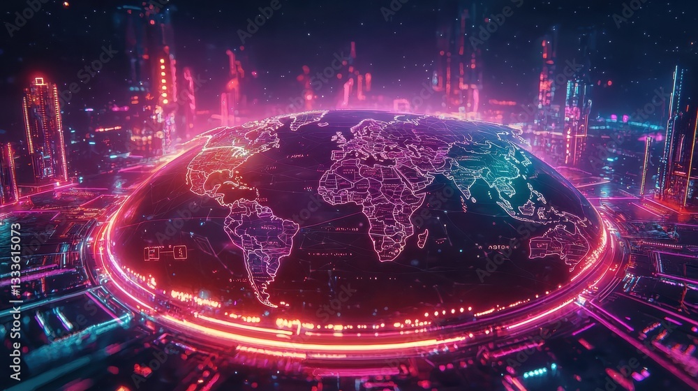 world map Futuristic Maps Holographic world map floating in space, with glowing neon outlines of ...