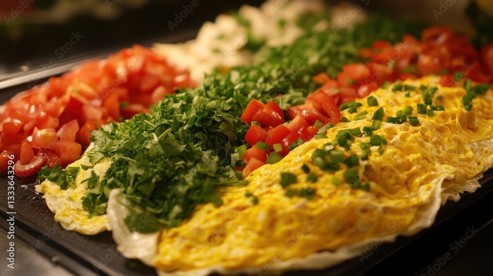 Hotel buffet station featuring a live omelet-making counter, fresh ...